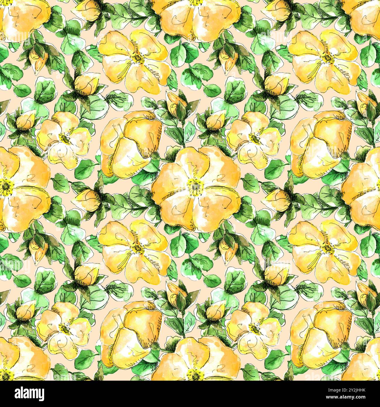 Seamless watercolor pattern with hand-drawn yellow wild rose flowers ...