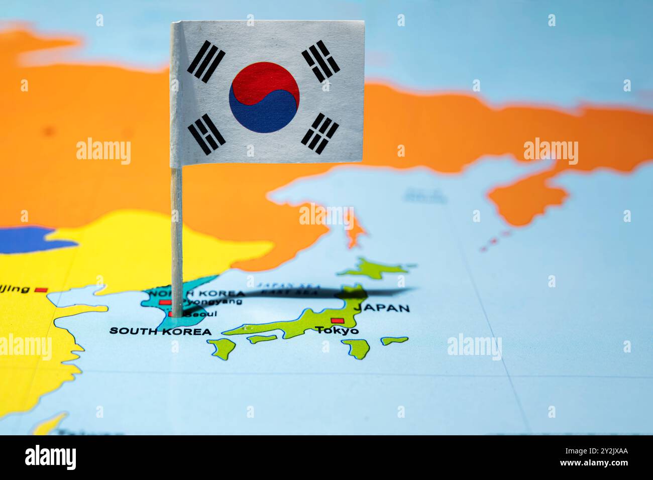 A map of South Korea with the national flag of South Korea on it. The ...