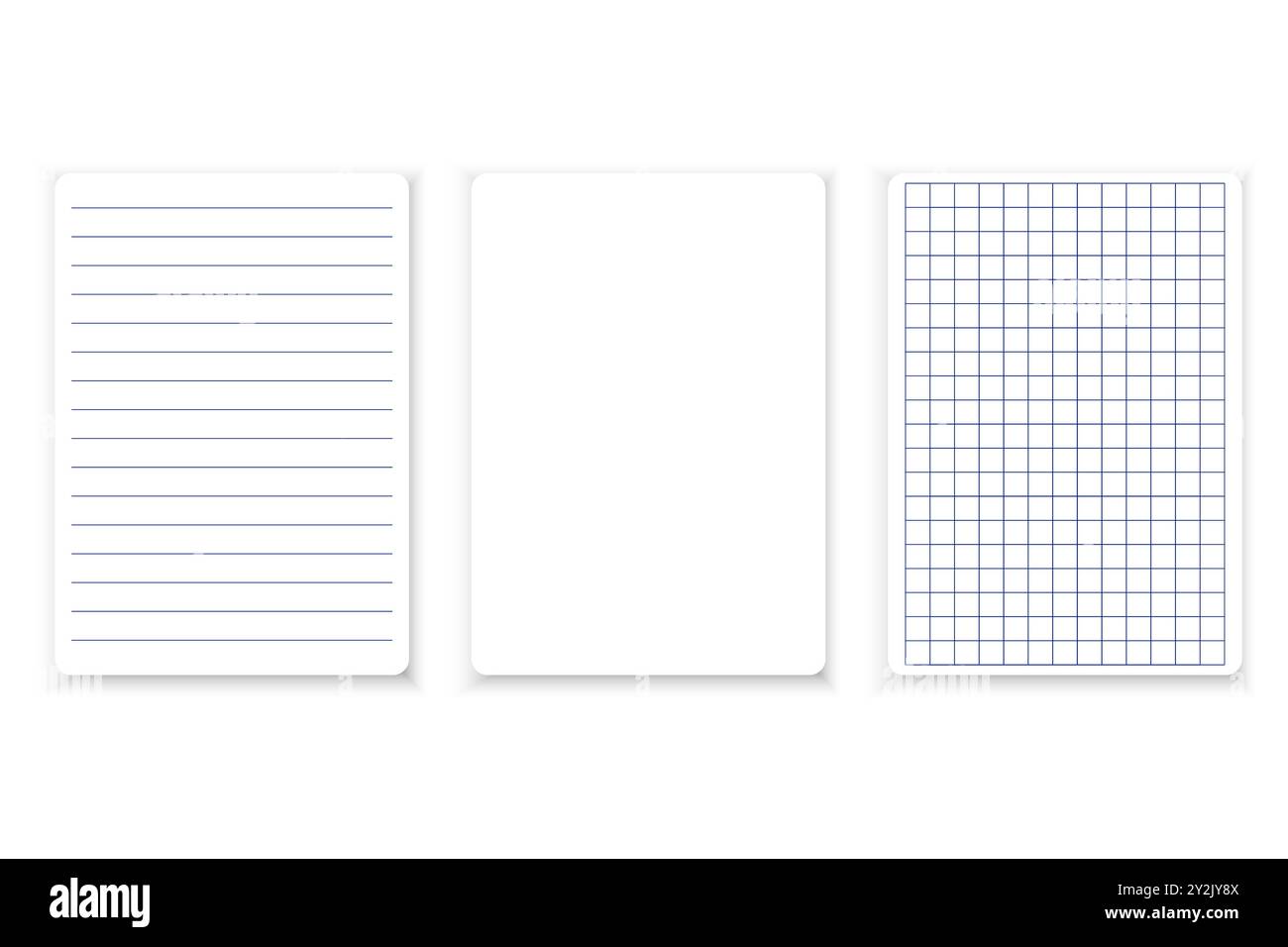 Three vertical paper templates with shadows. Lined, blank, and grid ...