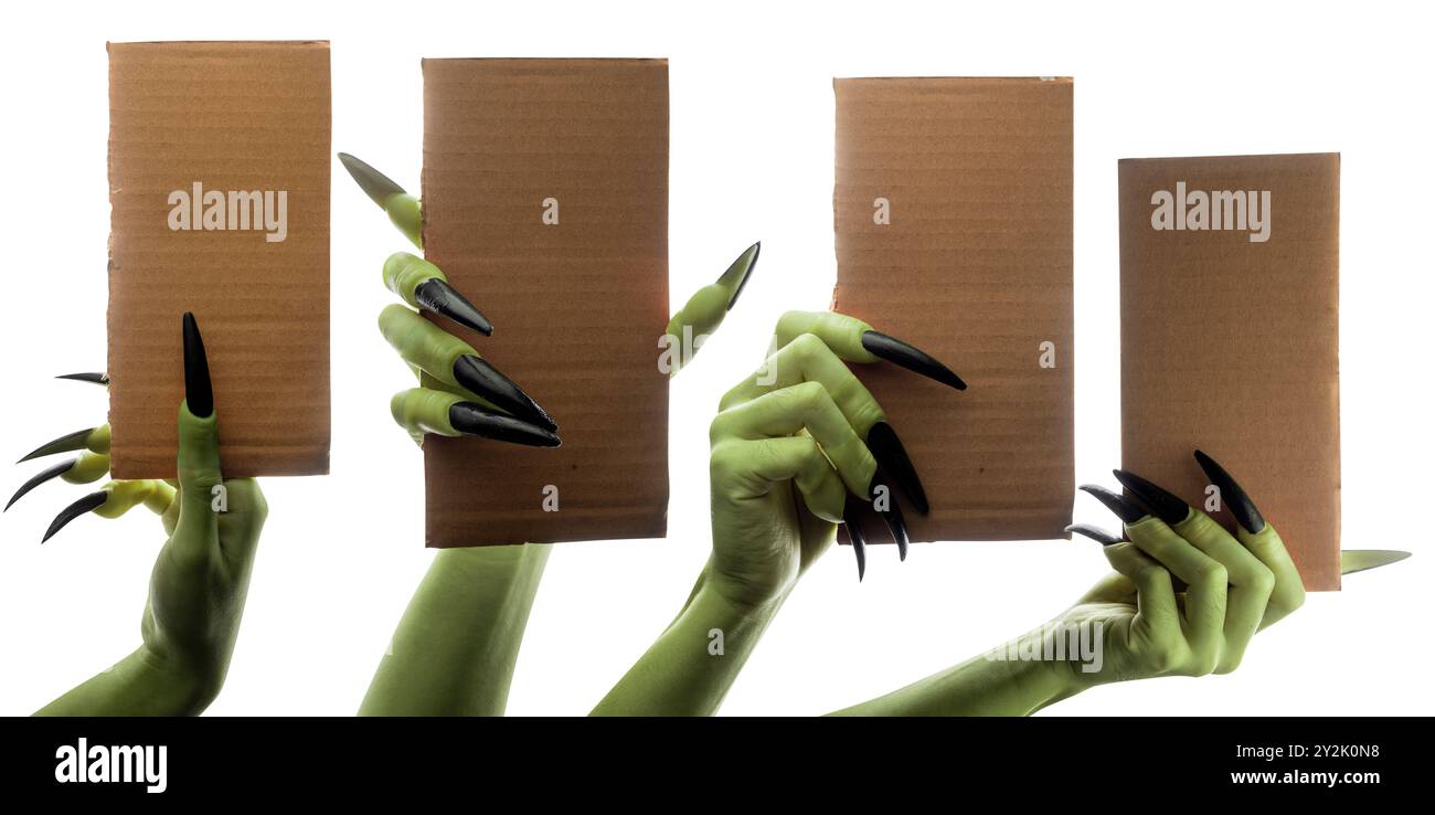 Set of witches hands holding cardboard boxes for copy space. The hand ...