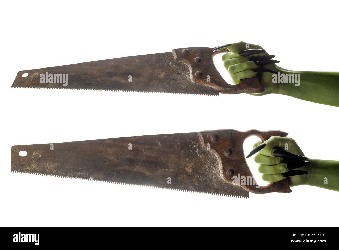 Set of witches hands holding hand saws. The hand color is green. Evil ...