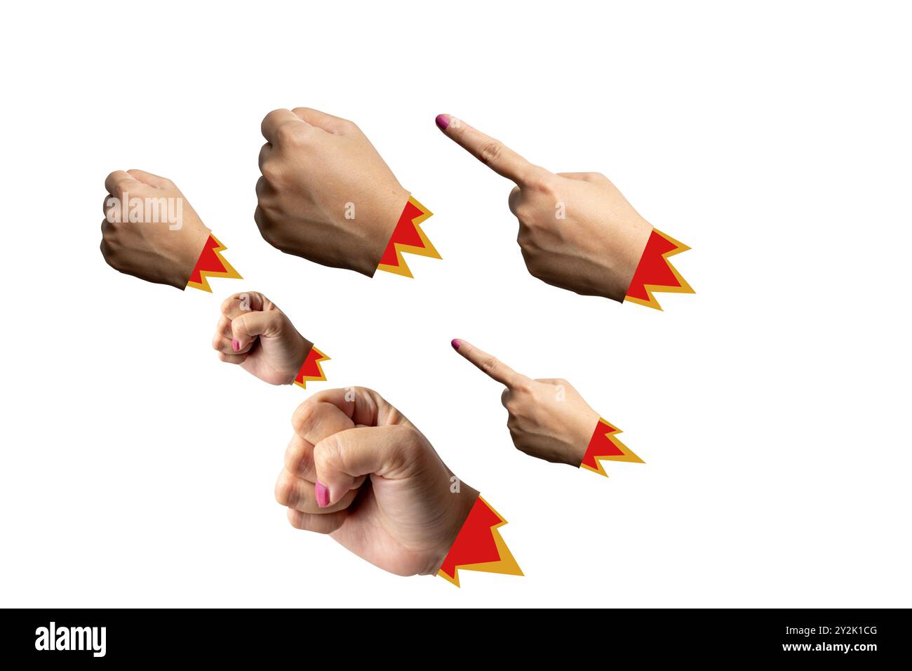 A series of hands with red and yellow flames on them pointing in ...