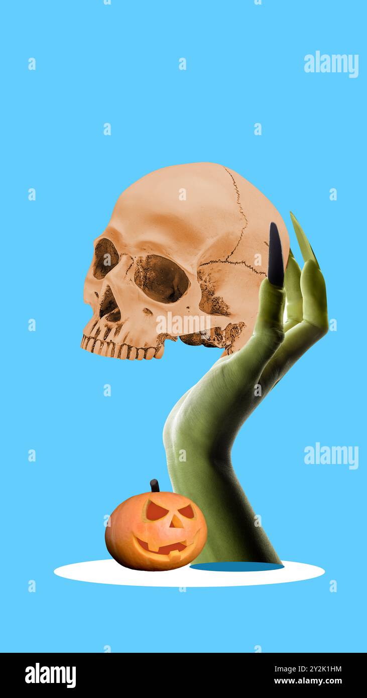 Witch hand holding a human head skull with a Halloween Jack o Lantern ...
