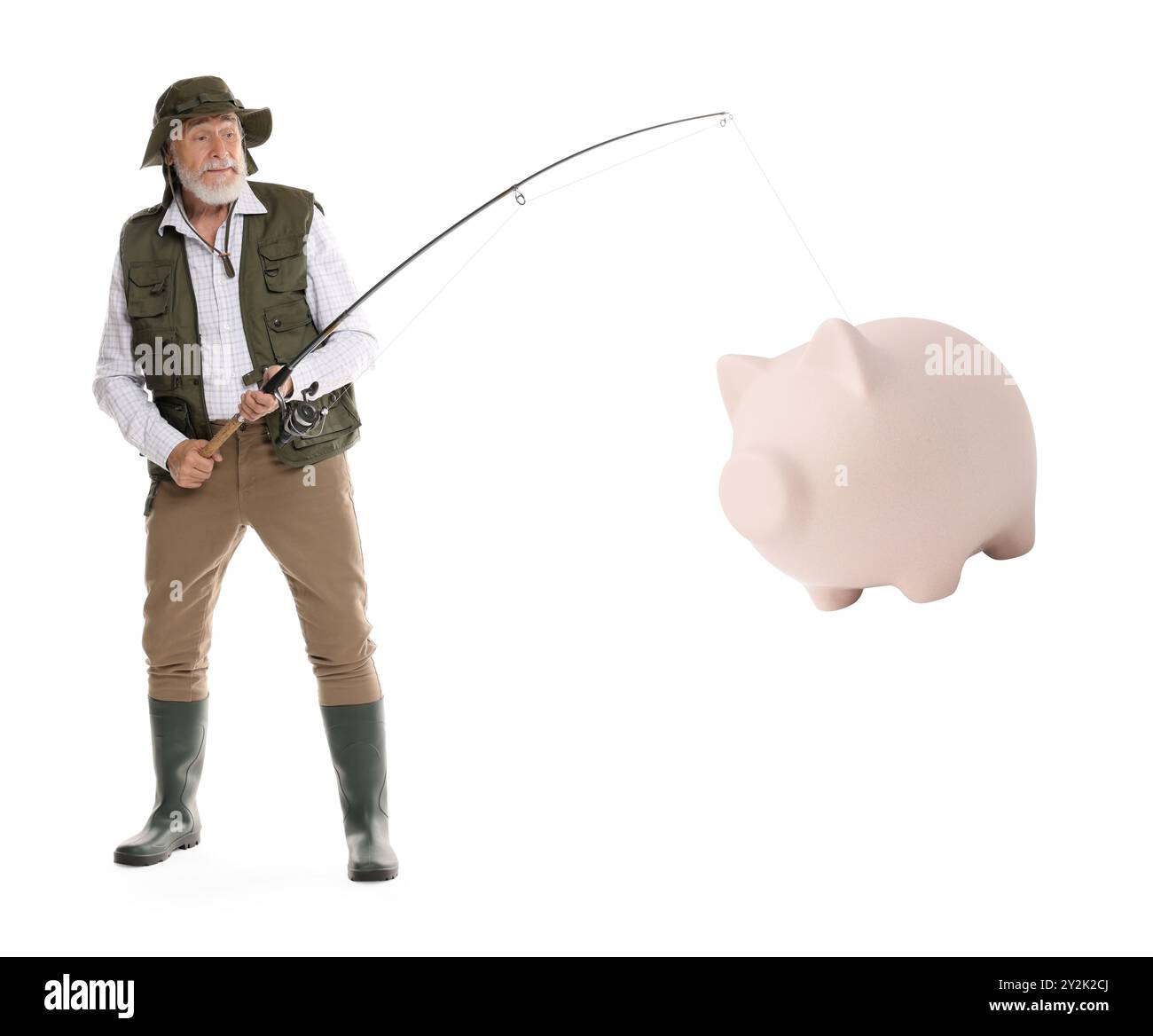 Fisherman catching piggy bank with rod on white background. Money chase ...