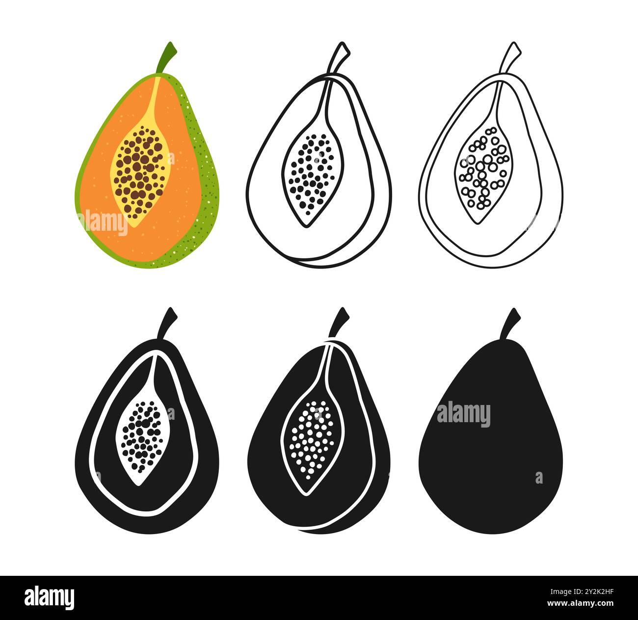 Papaya fruit symbol cartoon set. Juicy half papaya linear doodle icon ...
