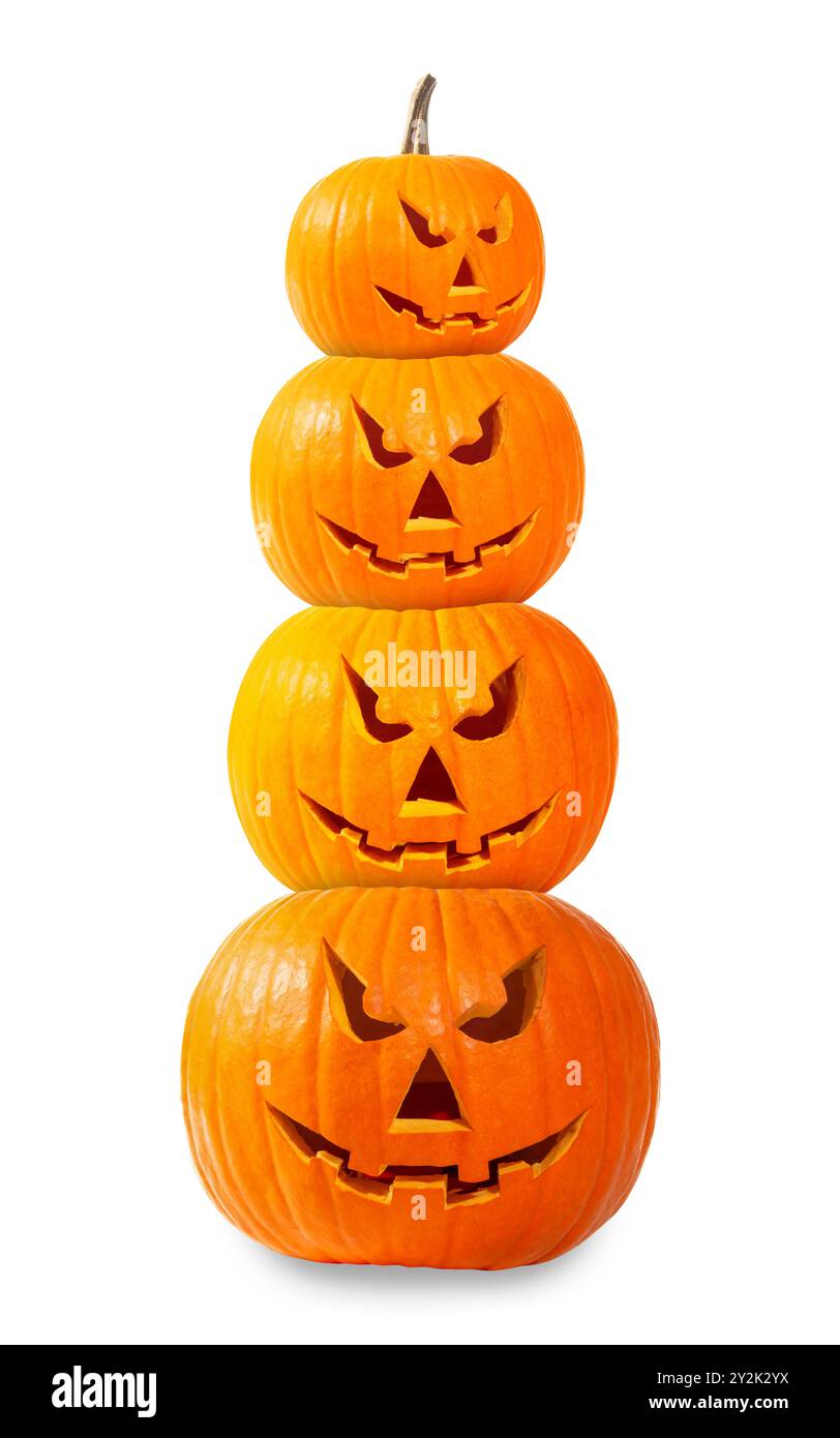 Stack of pumpkins with carved spooky faces on white background. Halloween jack-o-lanterns of ...