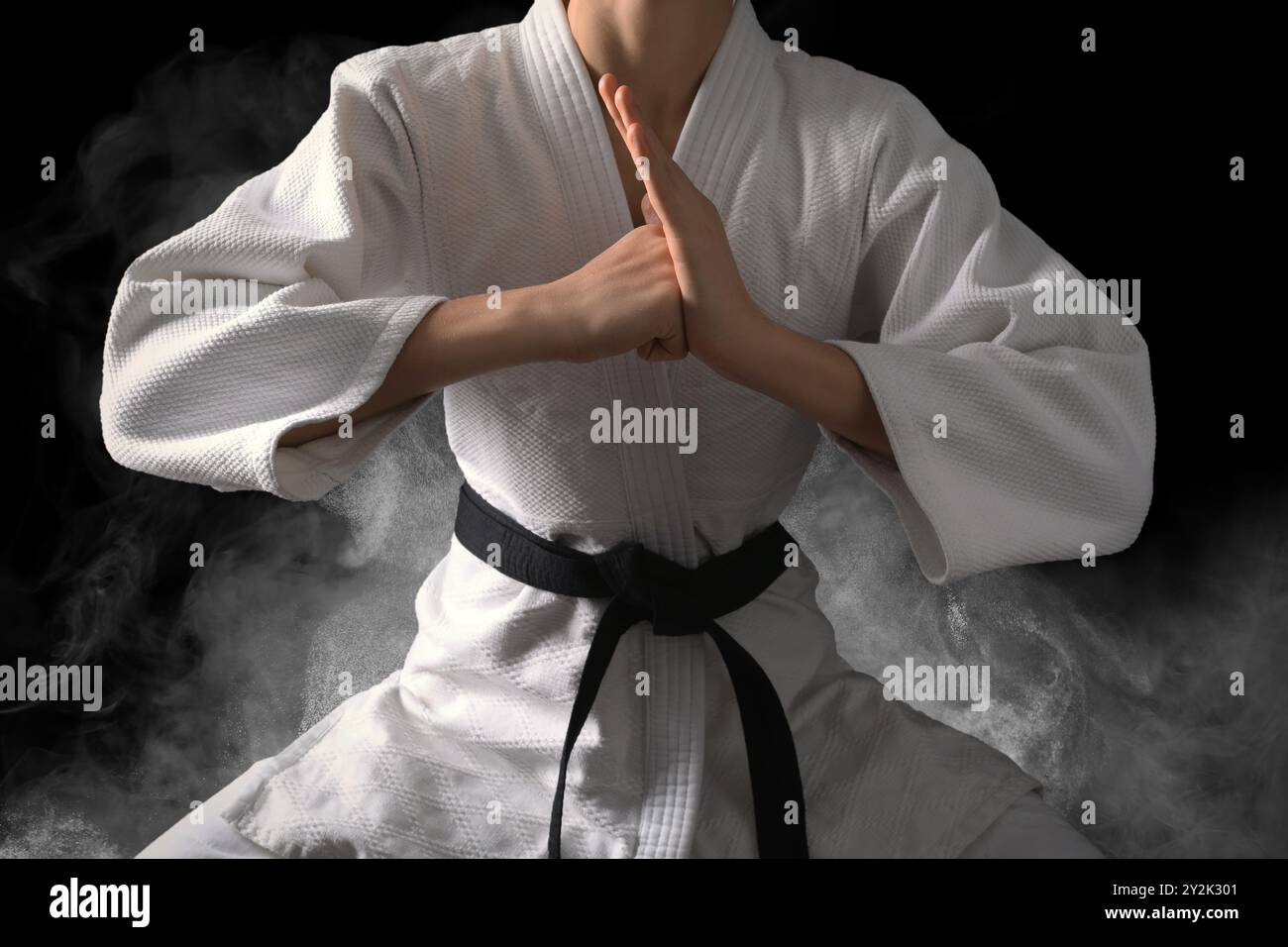 Karate fighter in smoke on black background, closeup Stock Photo - Alamy