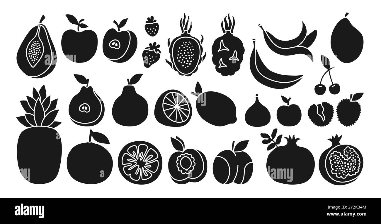 Fruits or berries simple symbol set. Sliced stencil lemon, orange apple ...