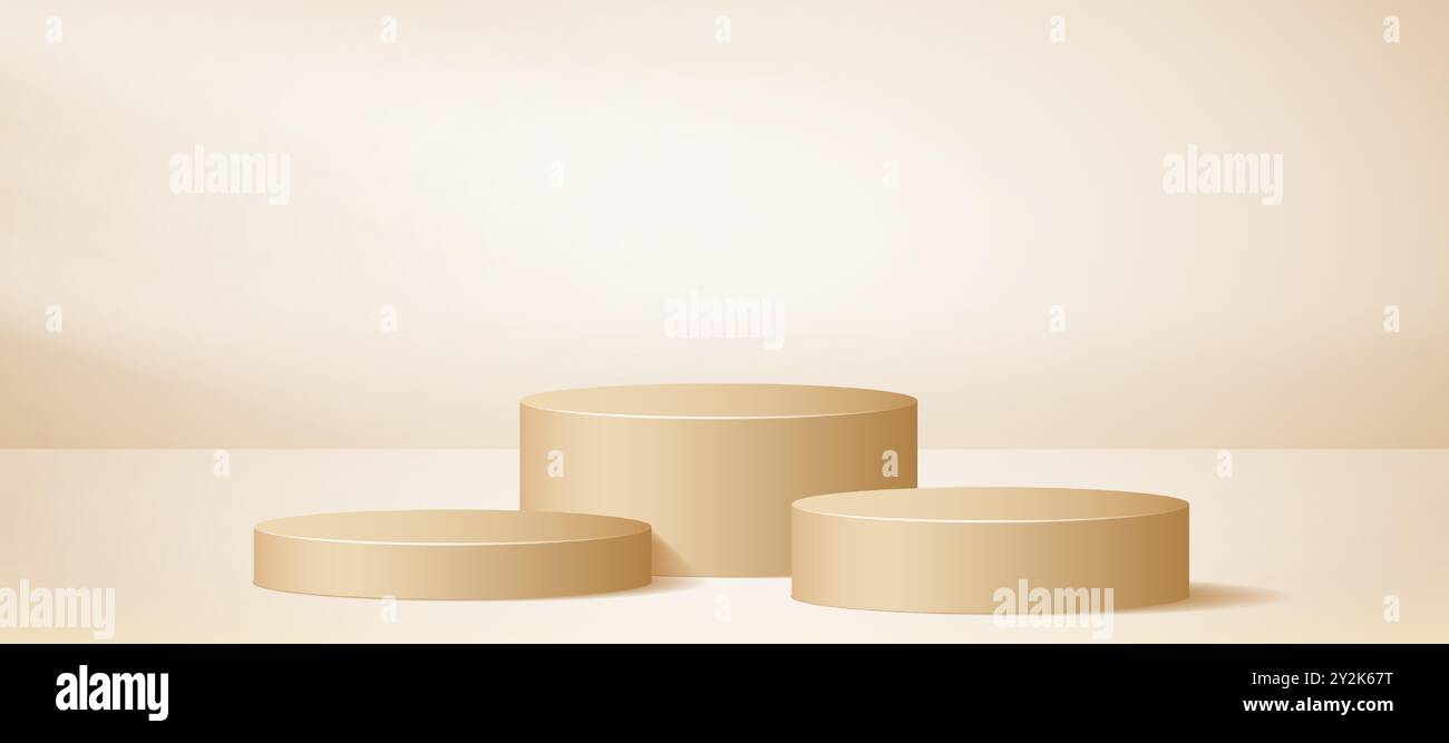 Three podium background in light beige color. Studio 3d platform stage ...