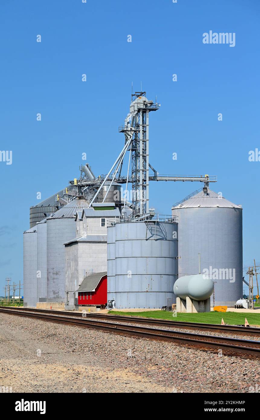 Meriden, Illinois, USA. A variety of metal grain elevators and crop ...