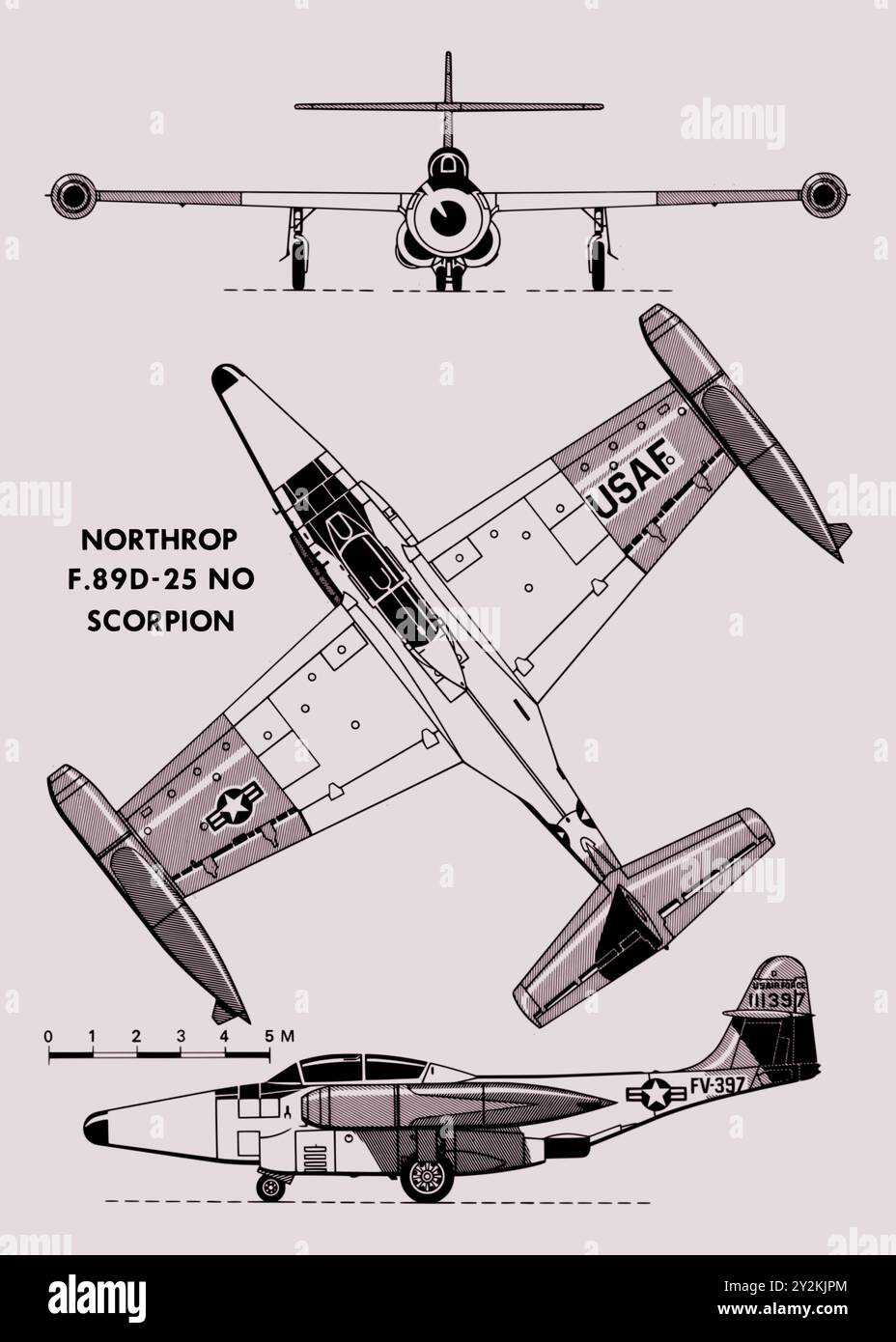 This detailed line drawing depicts the Northrop F-89D Scorpion, a ...