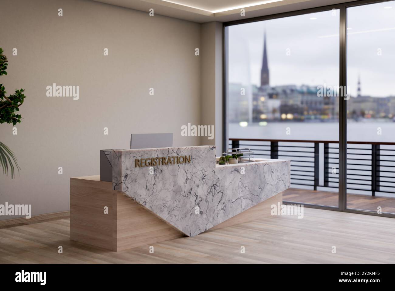 A modern marble reception counter at the entrance of a skyscraper ...
