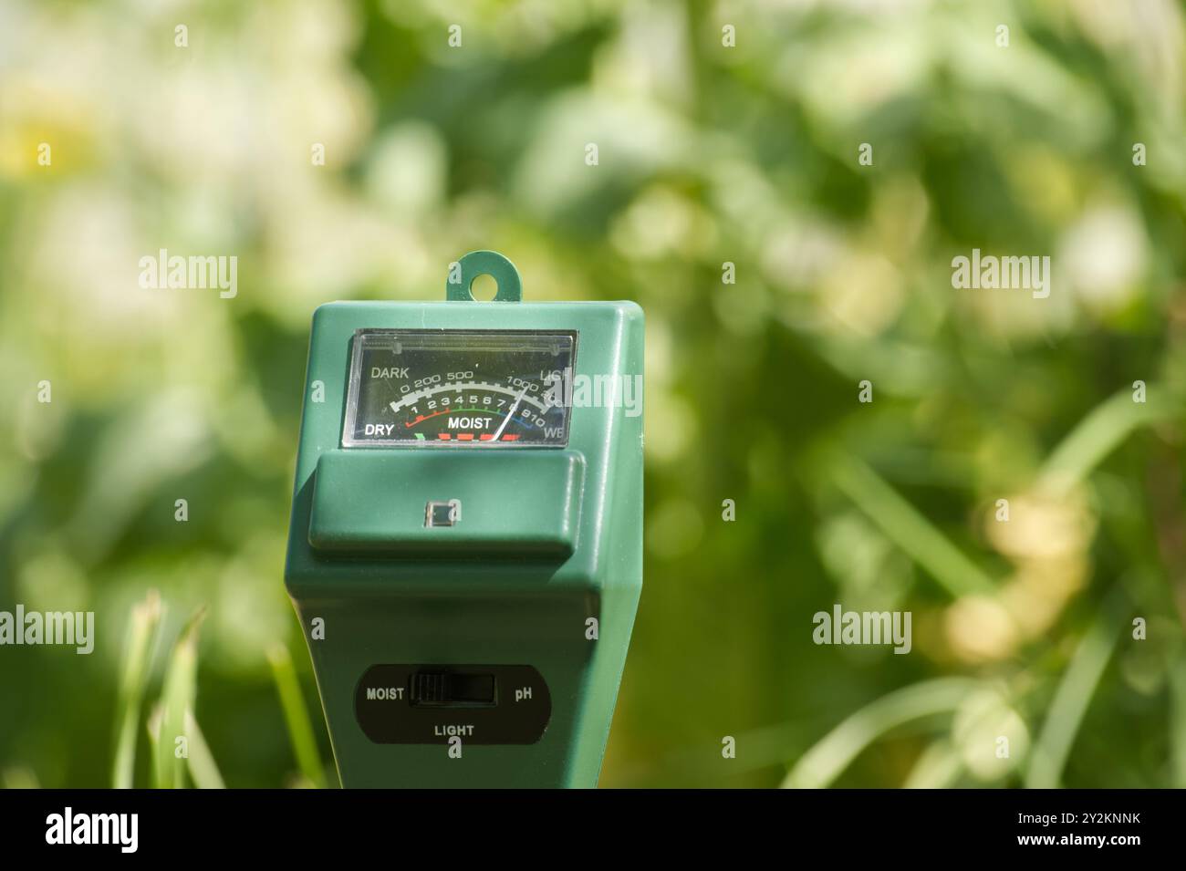 Soil moisture, light intensity and PH testing meter in close up ...