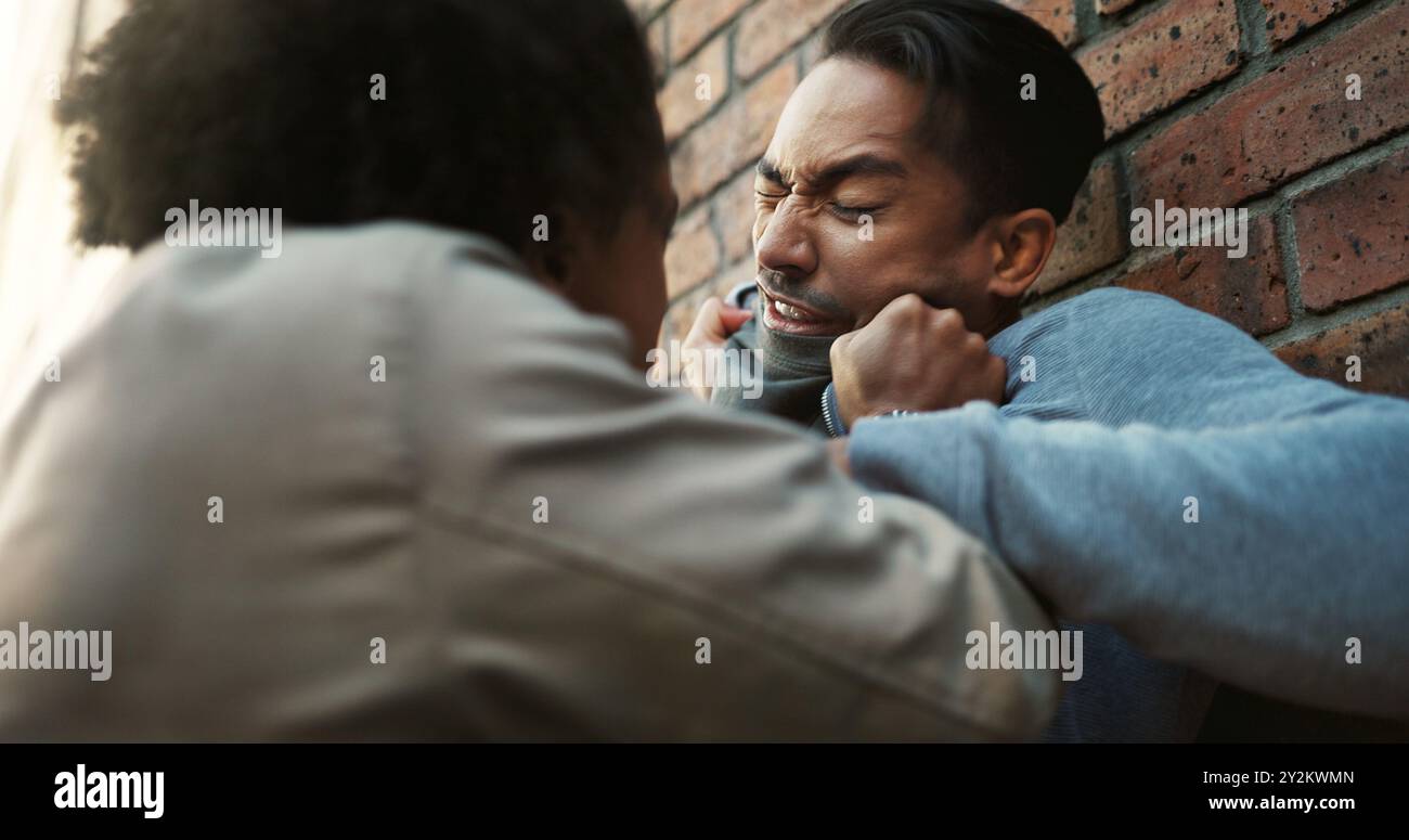 Anger, conflict or fighting with men in city for aggressive ...
