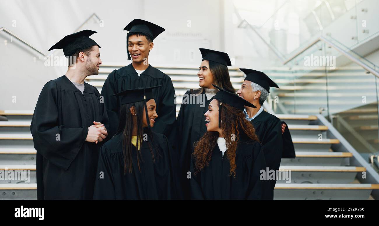 Graduation, friends or excited at university for achievement, life ...