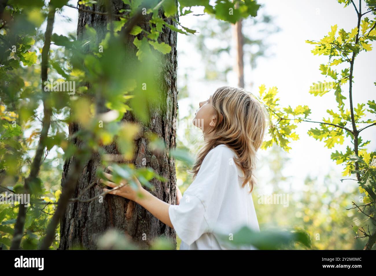 A teenage girl hugs a tree in the forest. Hugging and touching trees to ...