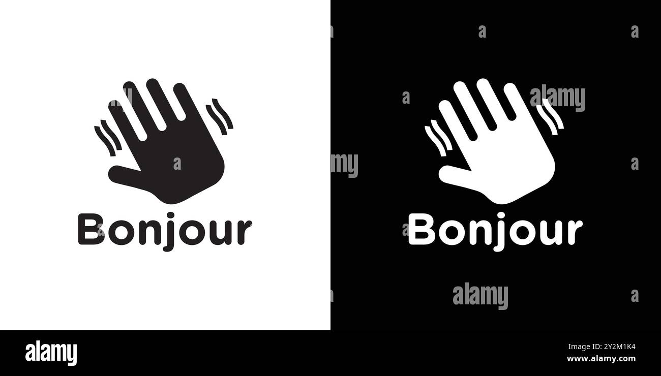 Bonjour text with hand wave icon Black line art vector in black and ...
