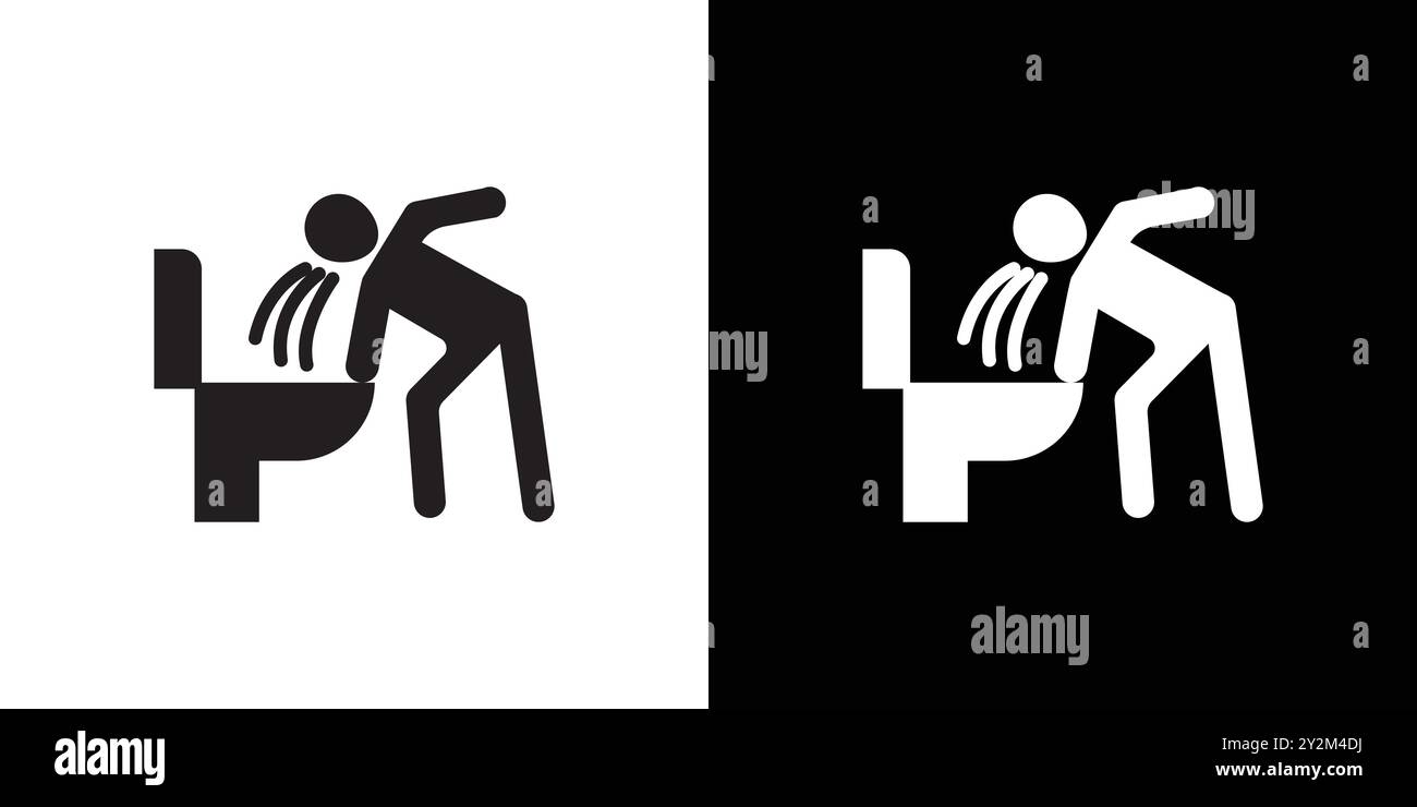 vomiting in bathroom icon Black line art vector in black and white outline set collection sign ...