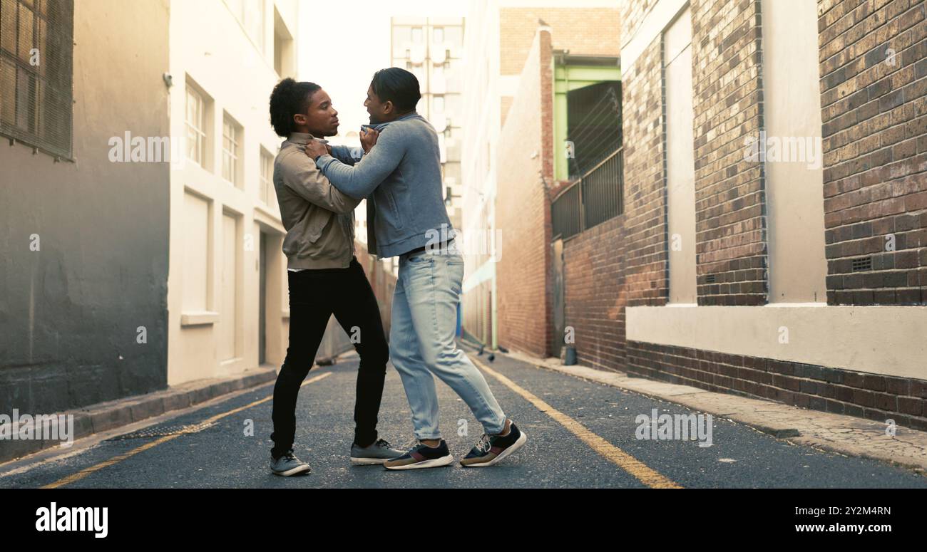 Conflict, fear or fighting with men in city for aggressive disagreement ...