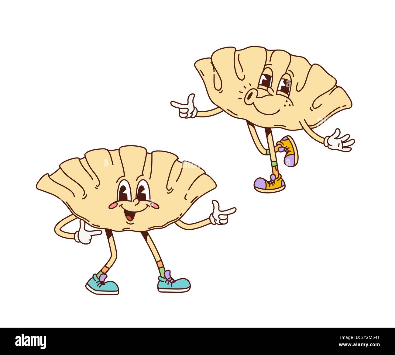 Cartoon retro groovy gyoza dumplings characters with happy funny face ...