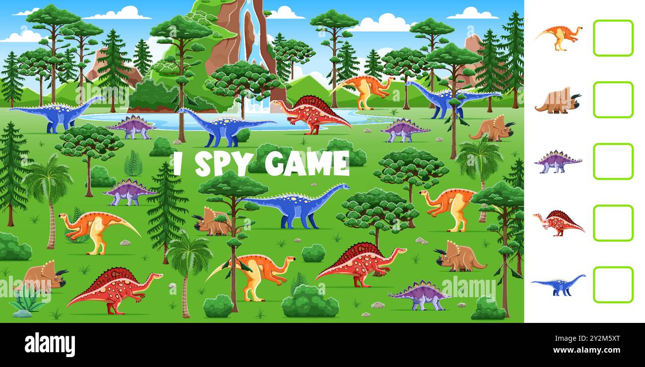 Kids I spy game worksheet, cartoon dinosaurs in forest, vector puzzle ...