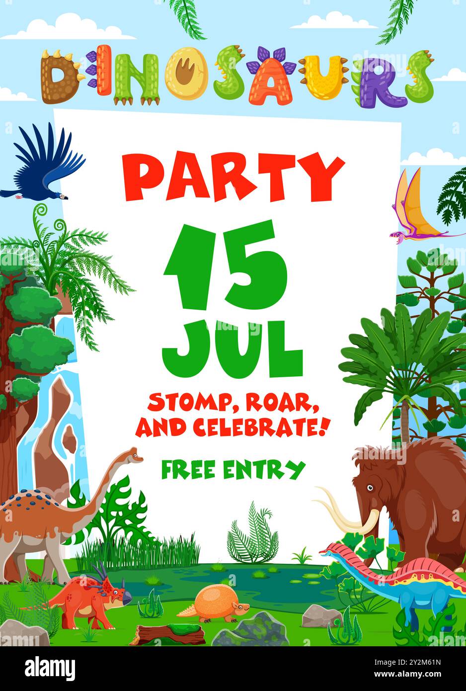 Prehistoric dinosaurs on kids party flyer with cartoon dino characters ...