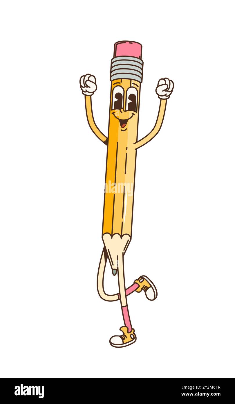Cartoon retro groovy pencil character. Isolated vector cheerful ...