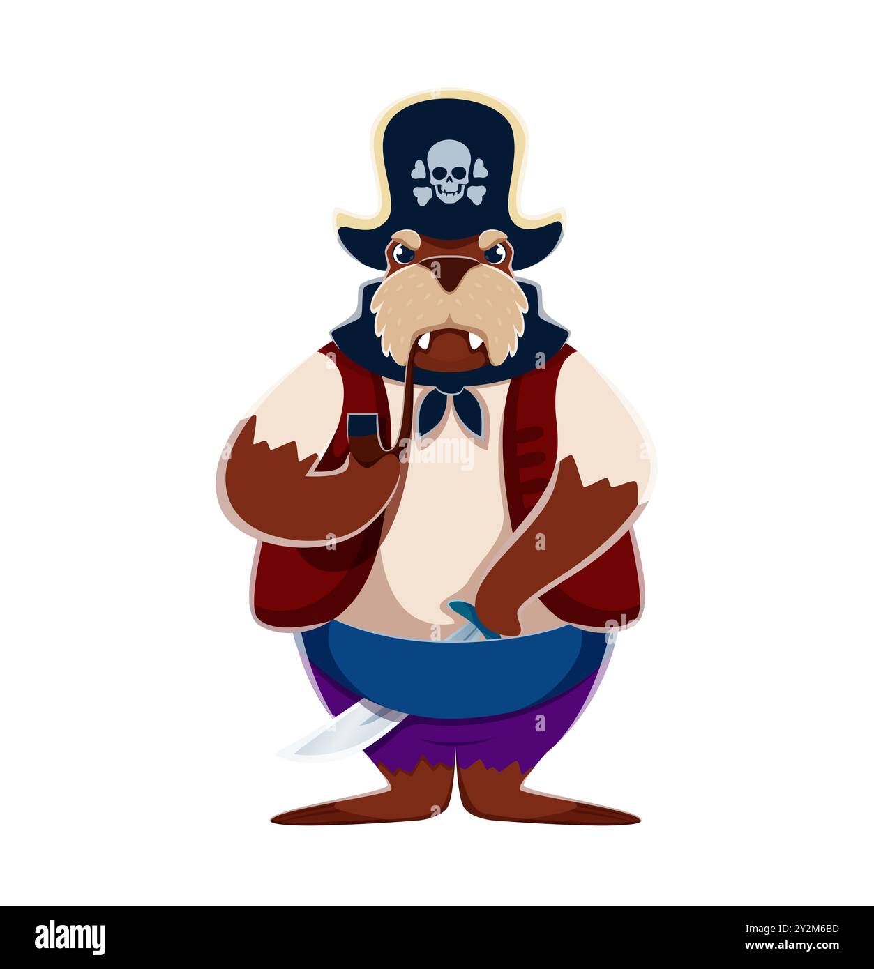 Cartoon walrus animal pirate or boatswain character with smoking pipe ...