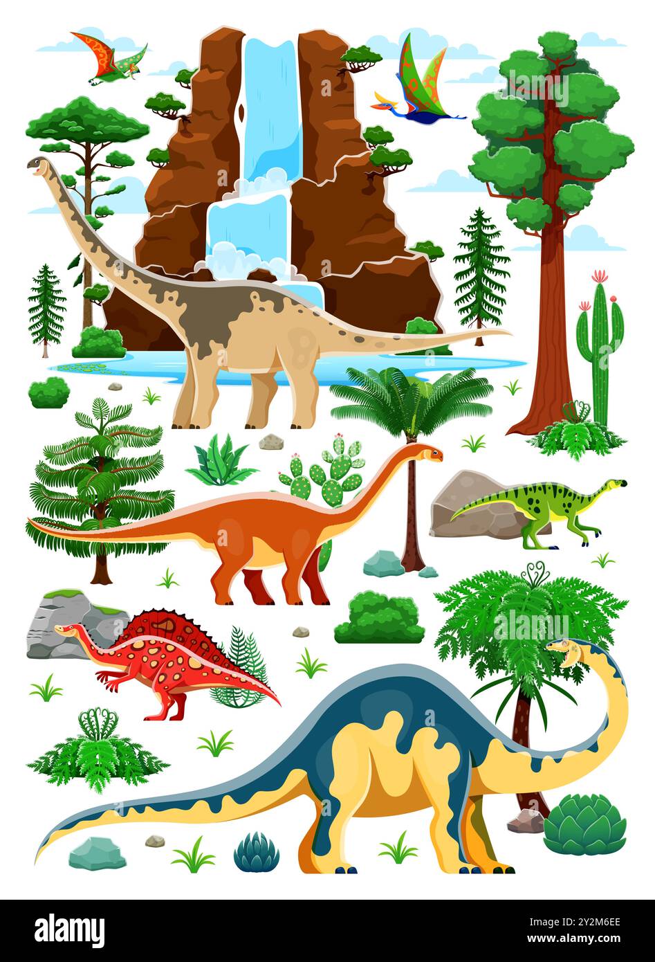 Prehistoric dinosaurs in a lush landscape. Vector set of dino species ...