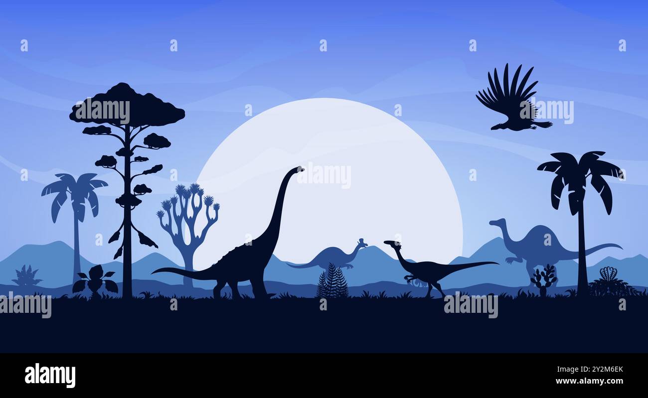 Prehistoric dinosaurs silhouettes on dusk prehistoric landscape with ...