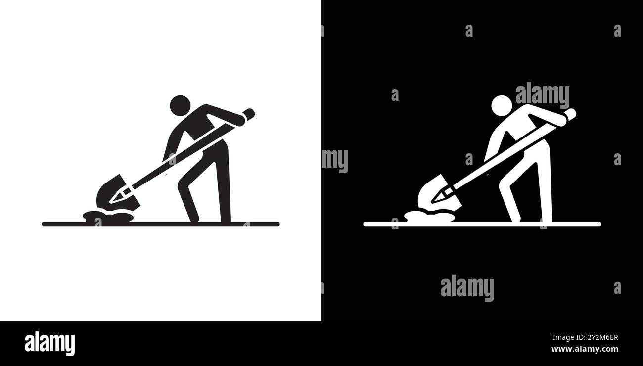 Worker digging icon Black line art vector in black and white outline set collection sign Stock ...