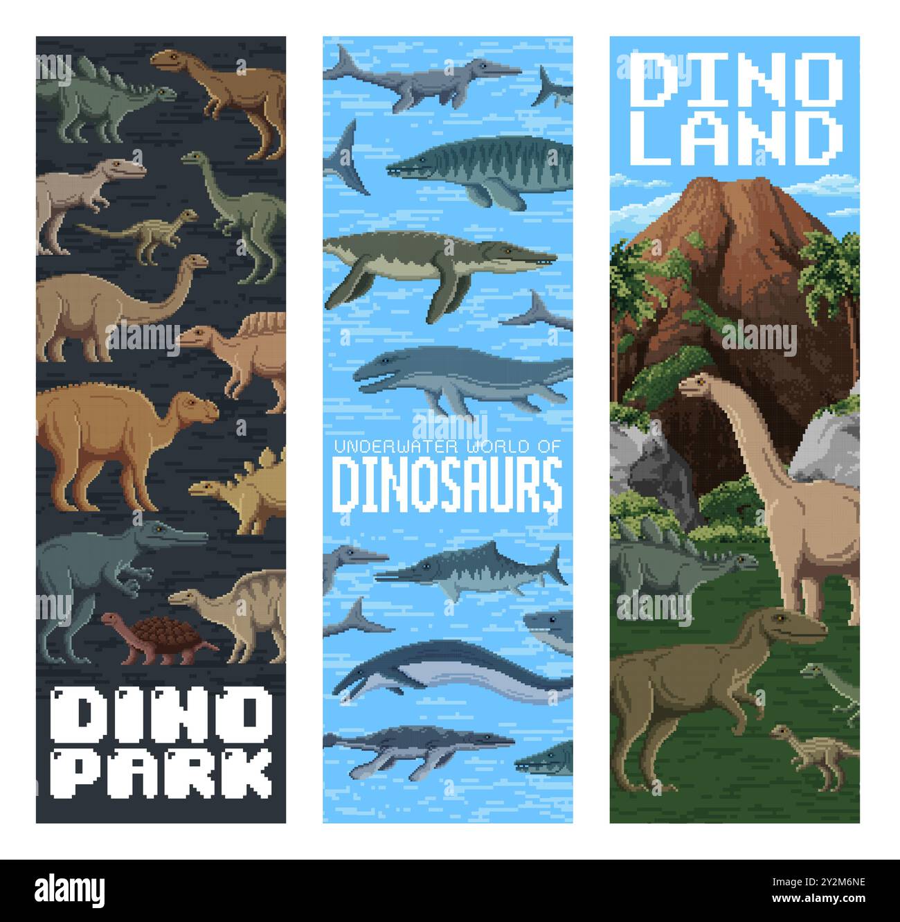 8 bit pixel dinosaurs park banners. Dino world vector vertical cards ...