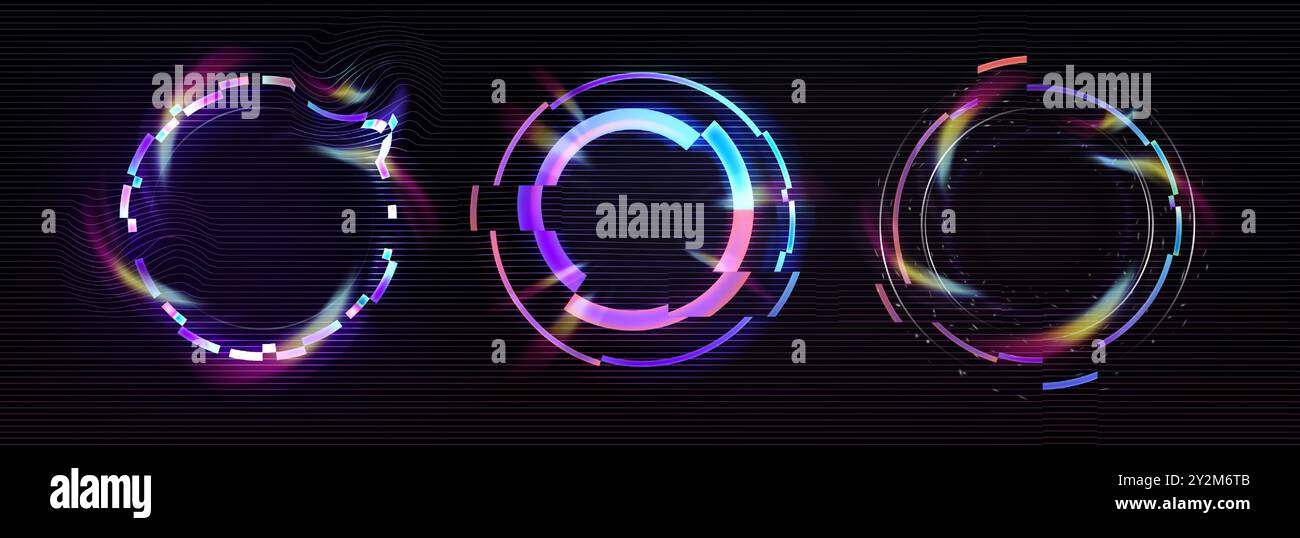 Circle frame with glitch and neon glow effect. Digital round geometric ...