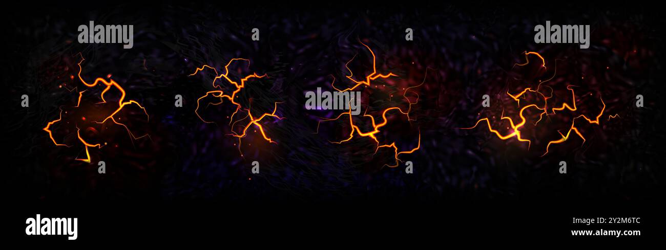 Ground cracks with lava set isolated on black background. Vector ...