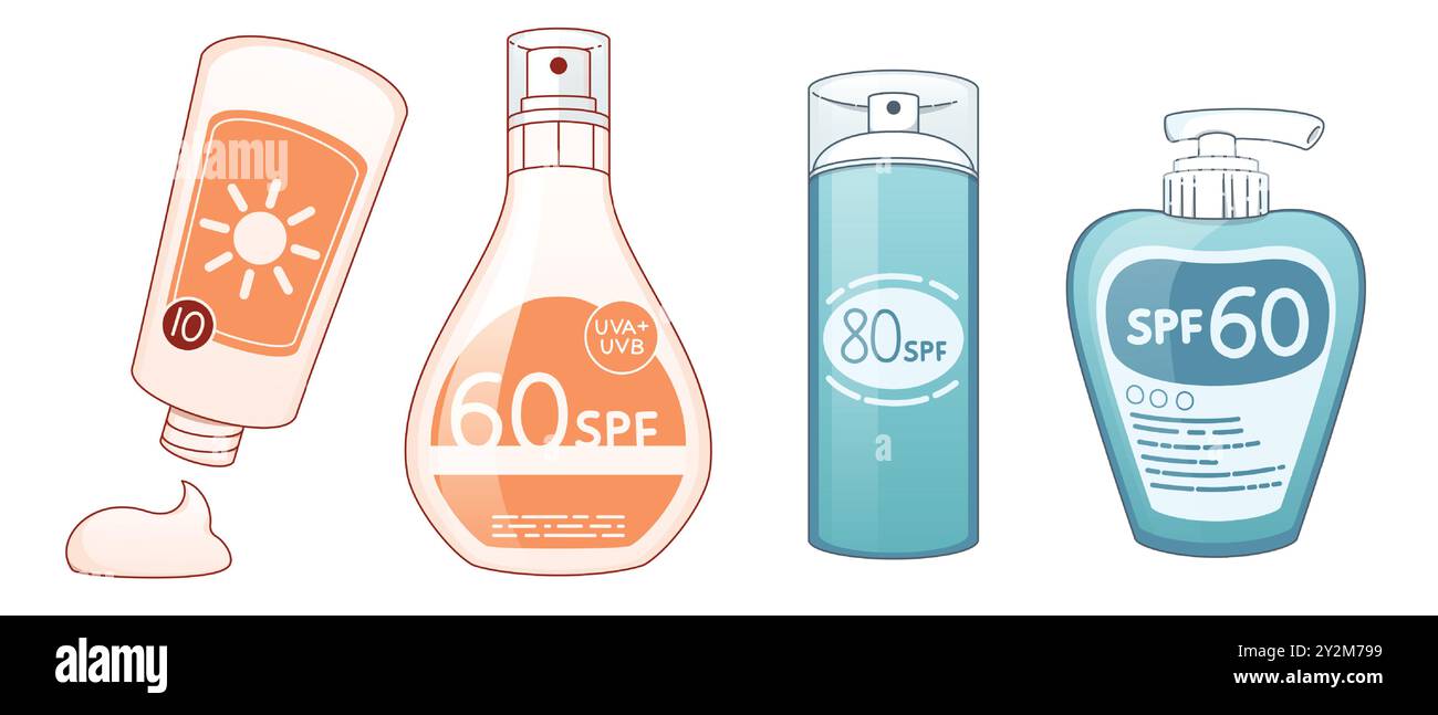 Sunscreen bottles line drawing set isolated on white background. Vector ...