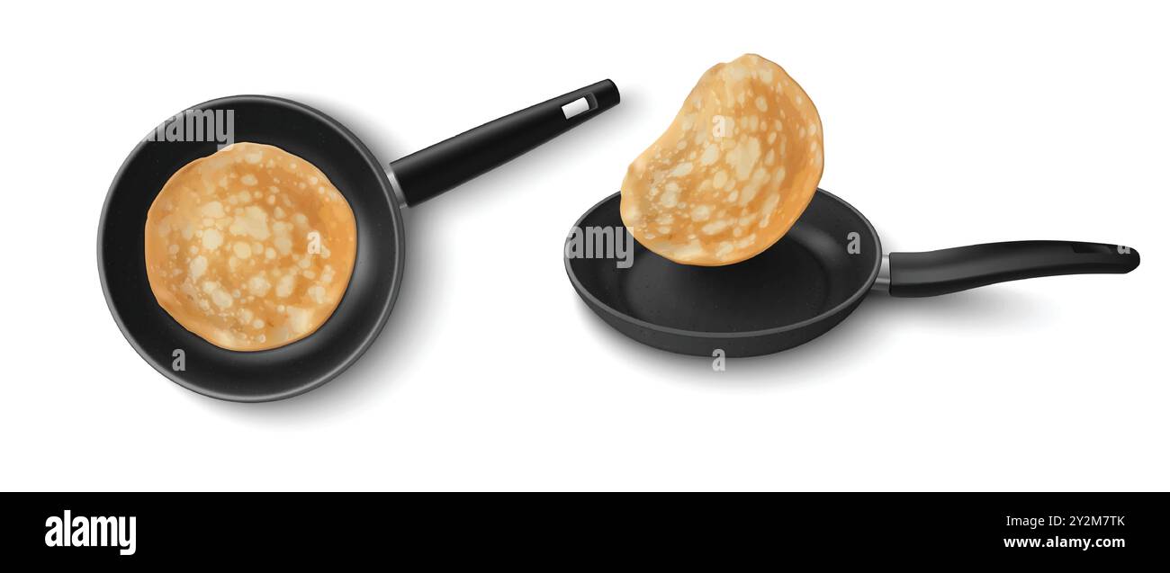 Cooked crepe on black frying pan with nonstick teflon coating ...