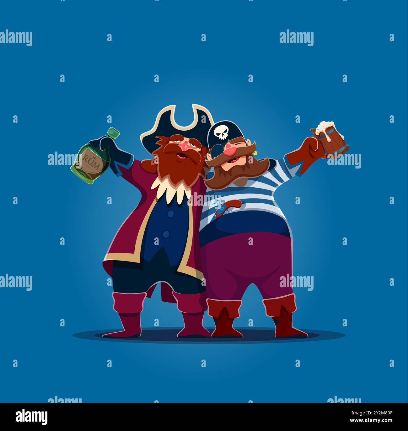 Two cartoon old pirates or corsairs, drunk characters with rum bottles ...