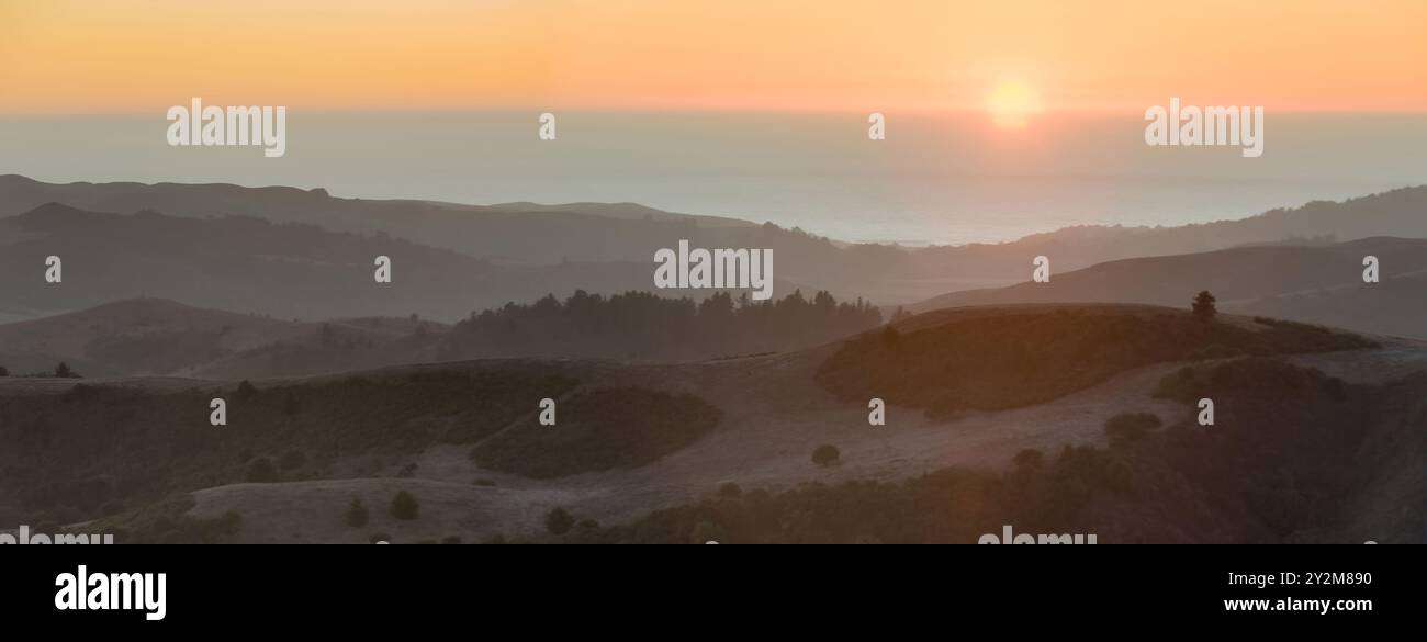 Sun Setting over Rolling Landscape and the Pacific Ocean via La Honda ...