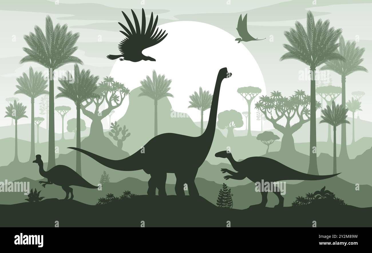 Prehistoric dinosaur silhouettes. Vector shadow scene of jurassic ...