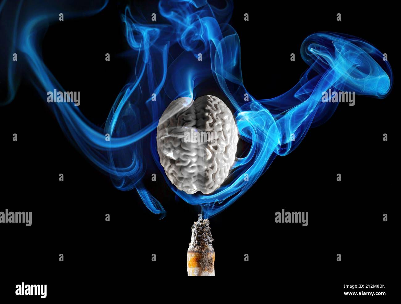 Deteriorated gray brain with smoke spiraling from a cigarette on black ...
