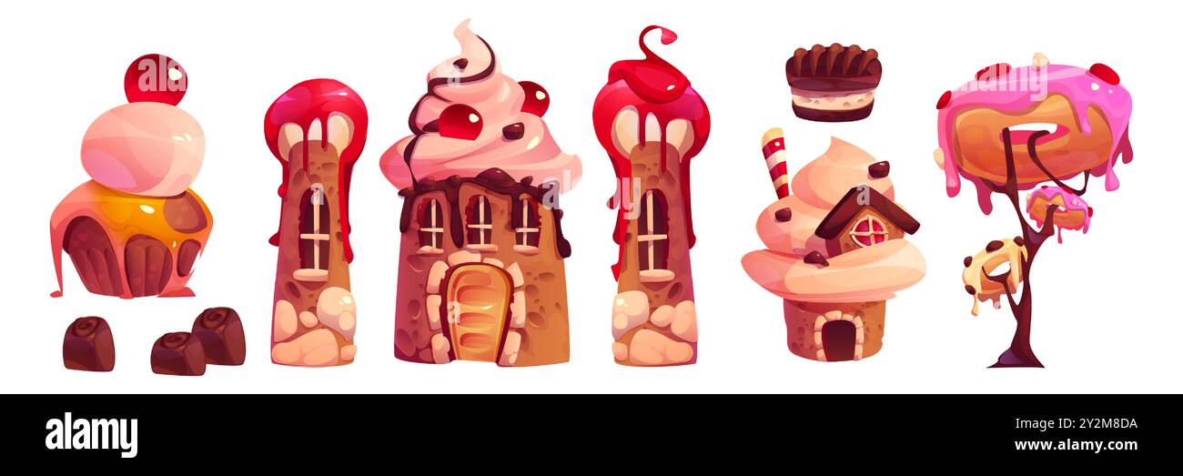 Candy land castle, house and tree. Cartoon vector set of buildings and ...