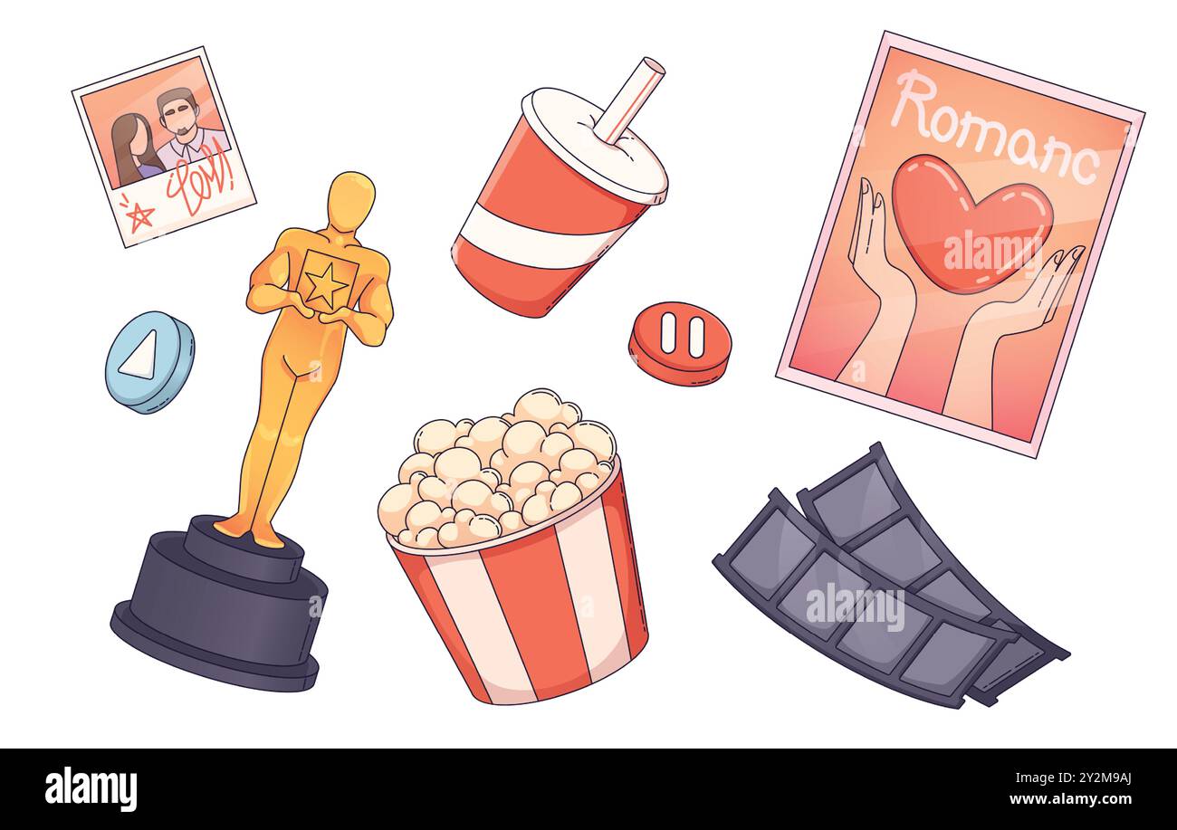 Cinema cartoon vector icons set - golden Oscar award statue and photo ...