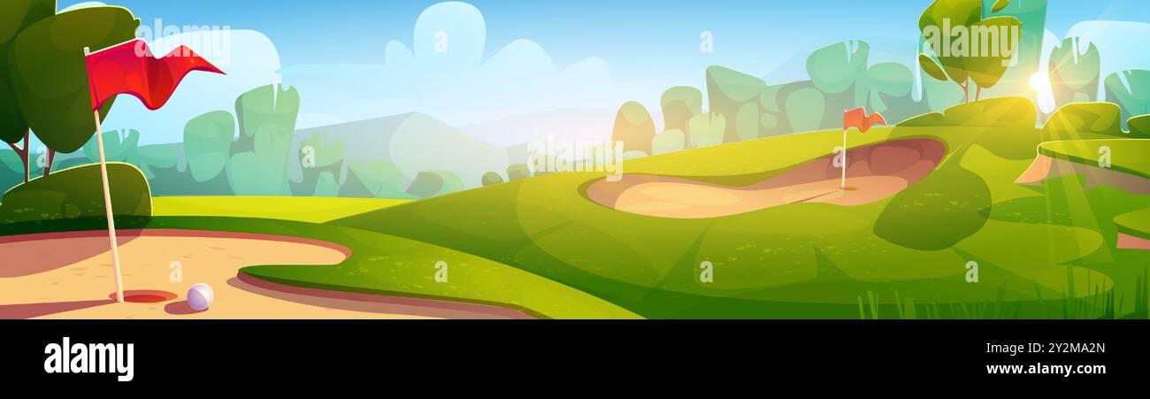 Golf course landscape with green grass on lawn, sand areas with hole ...