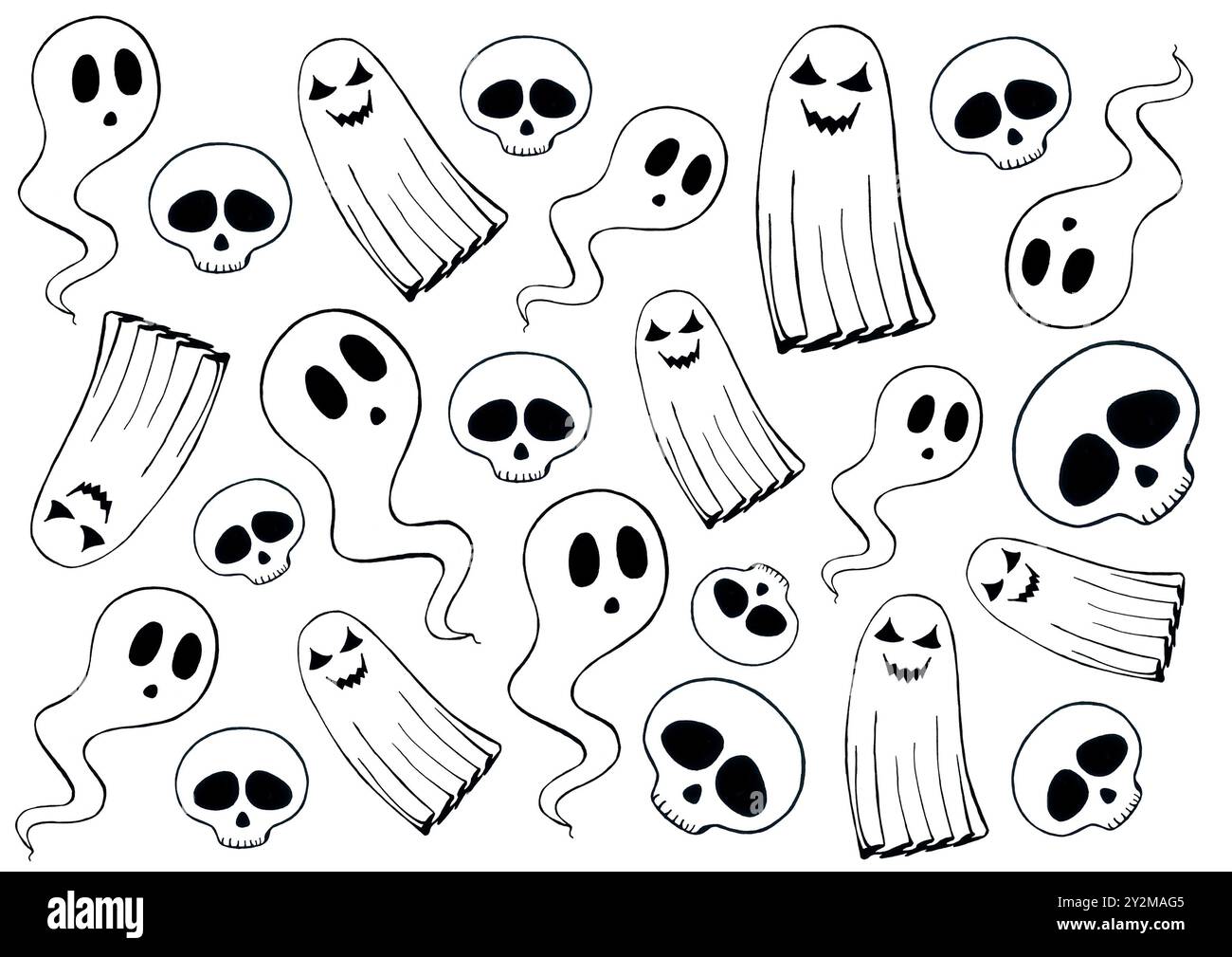 Doodle set of different ghosts and skulls. Halloween elements. Black on ...