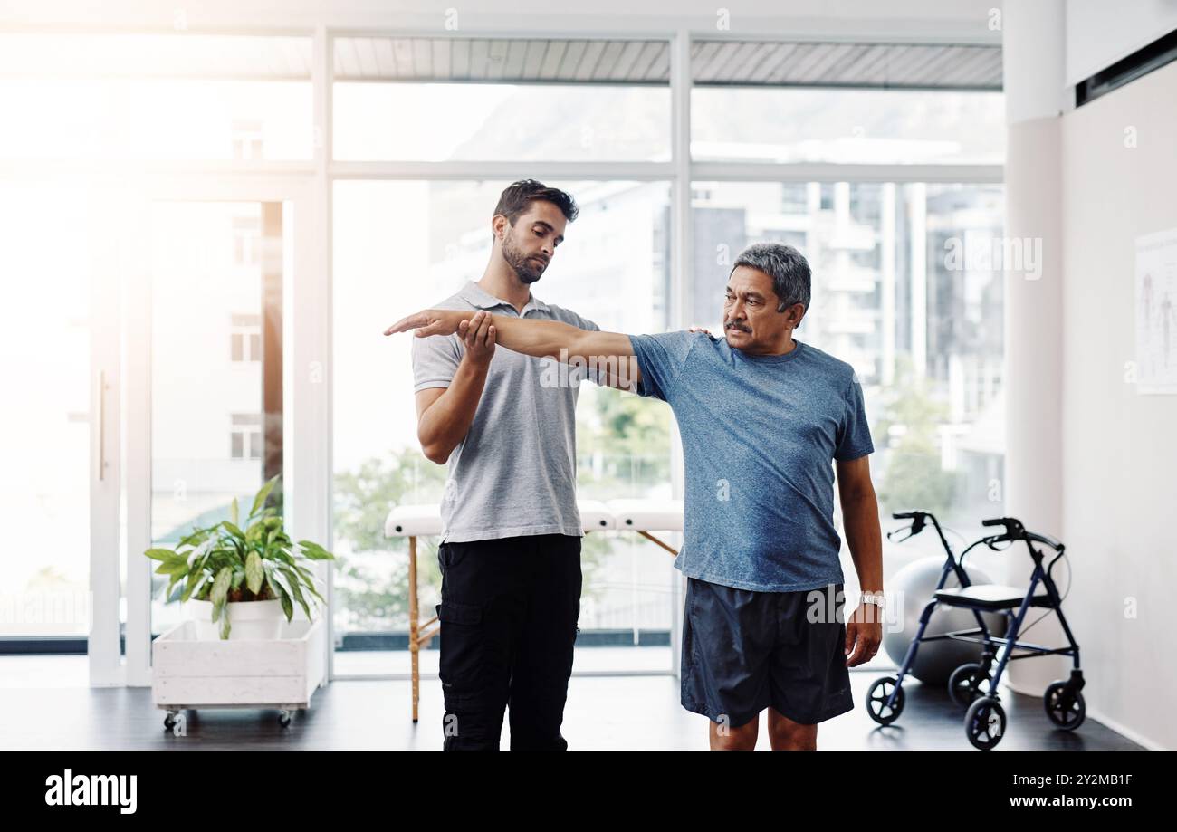 Healthcare, stretching and mature man, helping and physiotherapist for ...