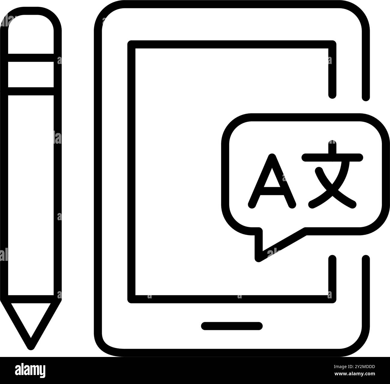 E-tablet, pencil and speech bubble with languages symbols. Interactive ...