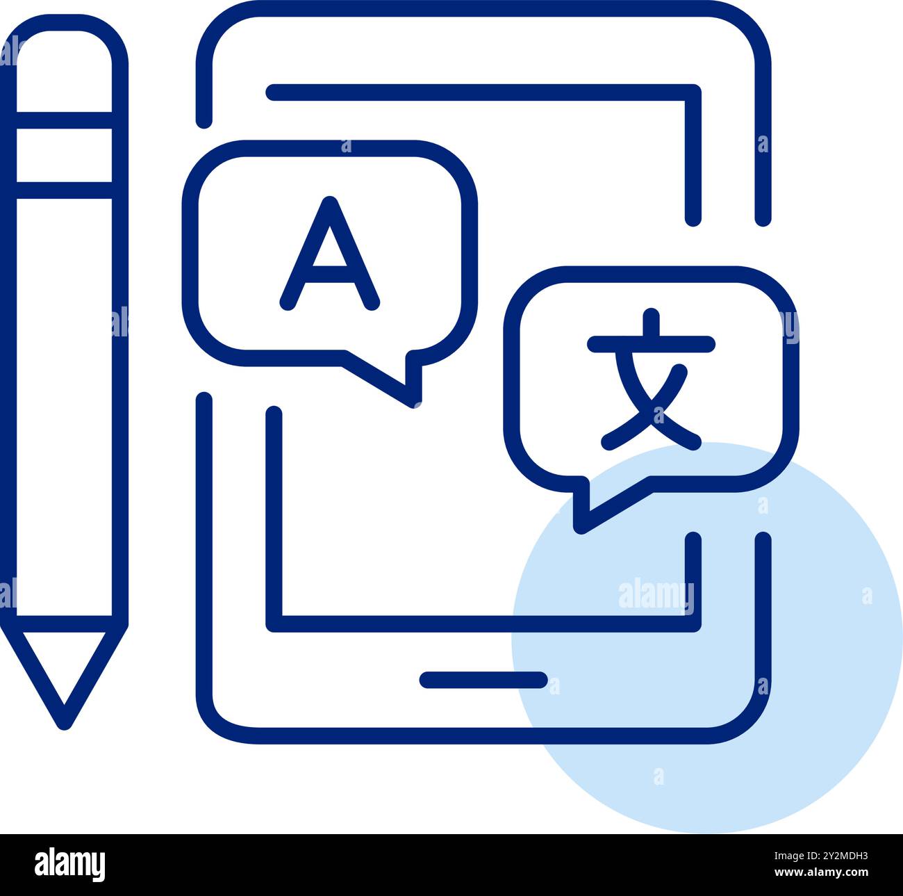 E-tablet, pencil and speech bubbles with Latin letter and Chinese ...