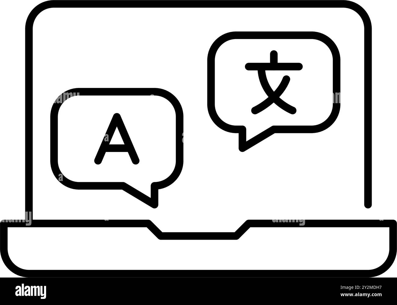 Laptop with languages speech bubbles. Online conference, digital ...