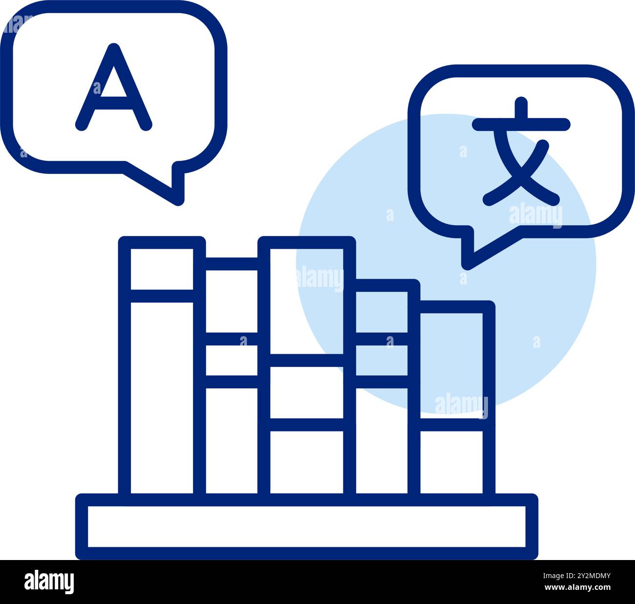 Books on shelf and speech bubbles with latin letter and Chinese ...