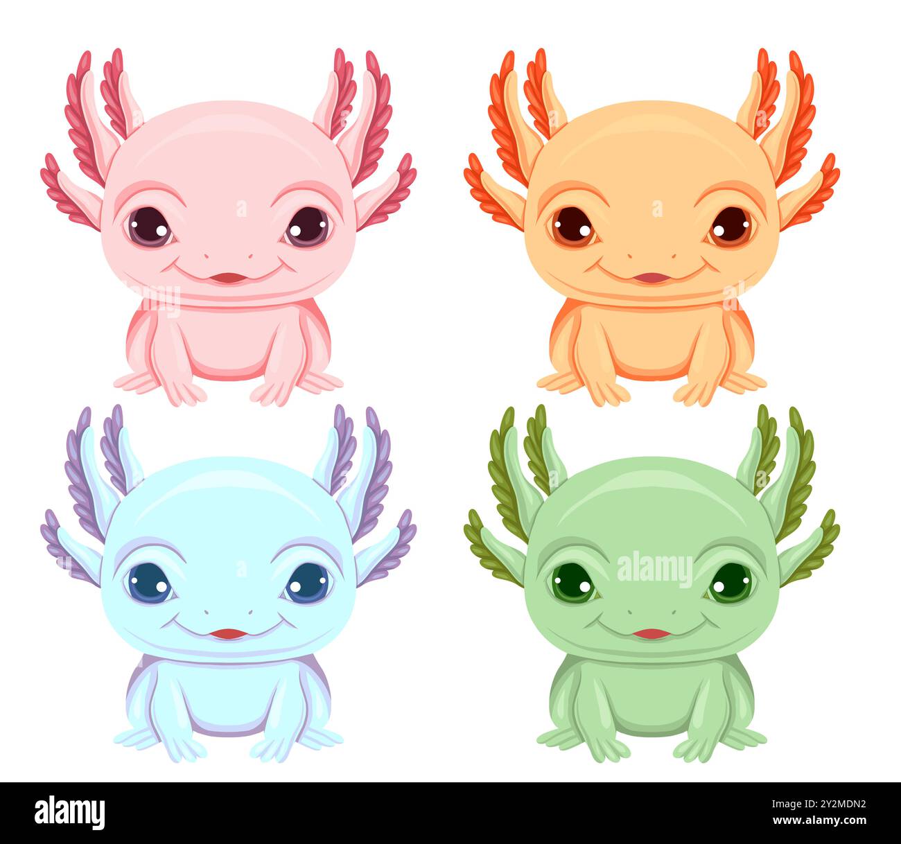 Vector set of cute colorful axolotls in front view clipart in cartoon ...